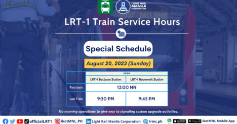 LRT-1 To Run Half-Day Operations This Coming 20th August